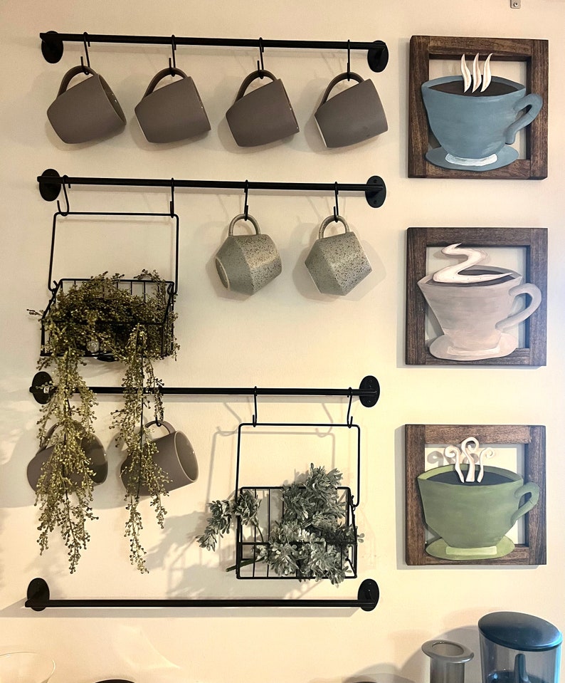 Kitchen Wall Hangings, Coffee Cup Decor, Rustic Coffee Cups, Wooden ...