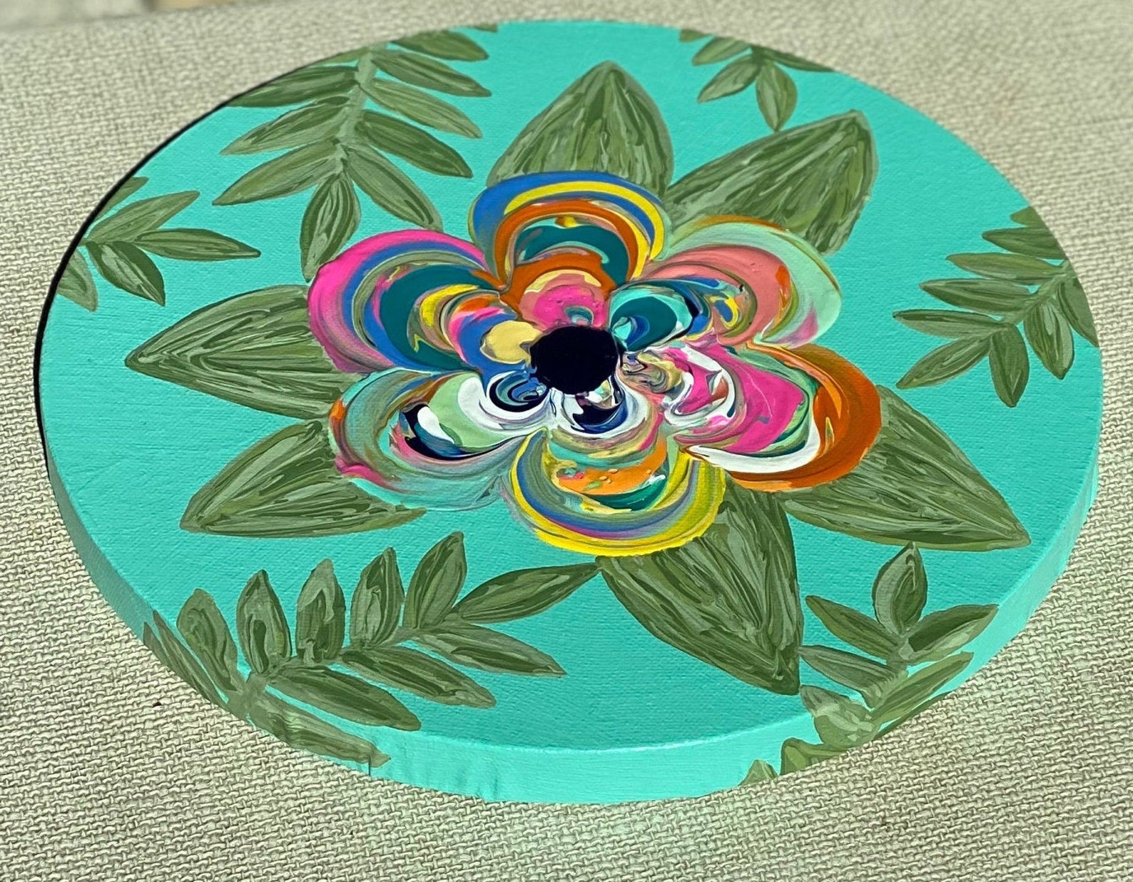 10 Circle Canvas With Textured Floral and Greenery/ Acrylic Painting ...