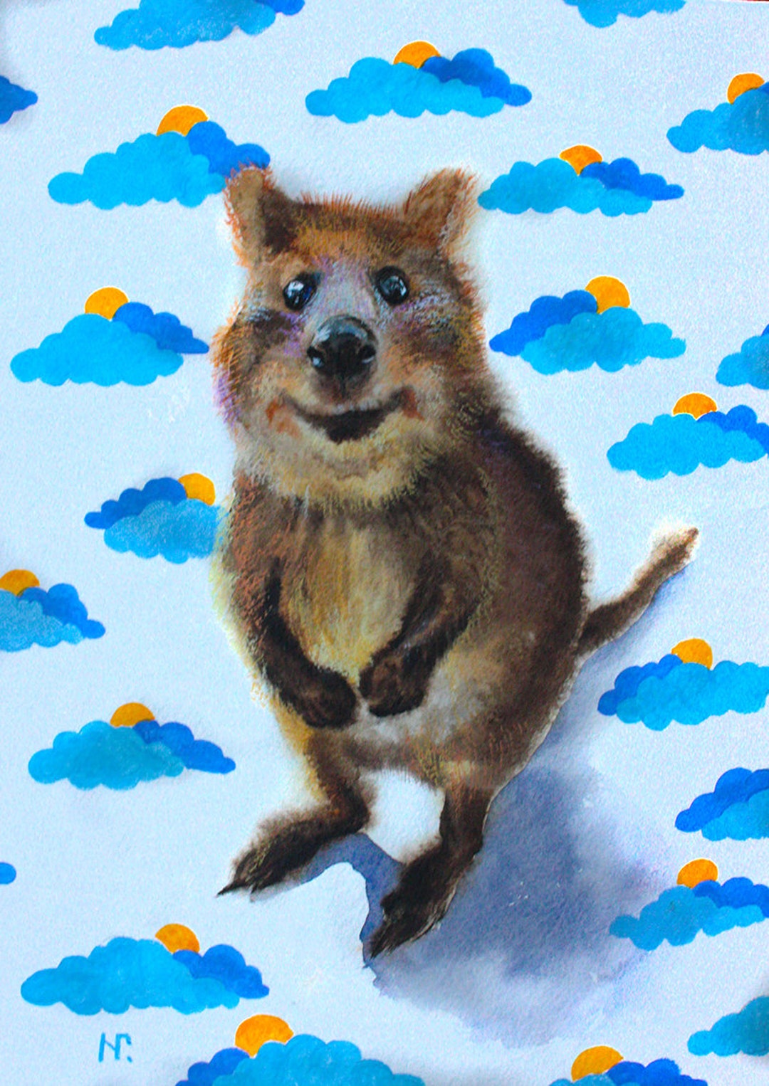 Watercolor Drawing of a Quokka With Clouds. Gift for Home, Decoration ...