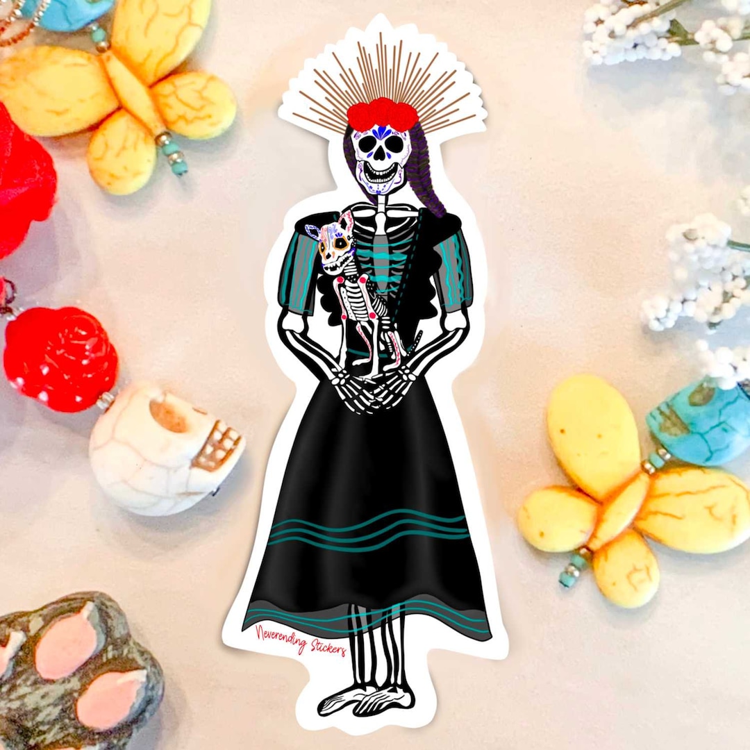 Neverending Stickers Day of Dead Catrina & Dog 4x1.53in Vinyl Sticker ...