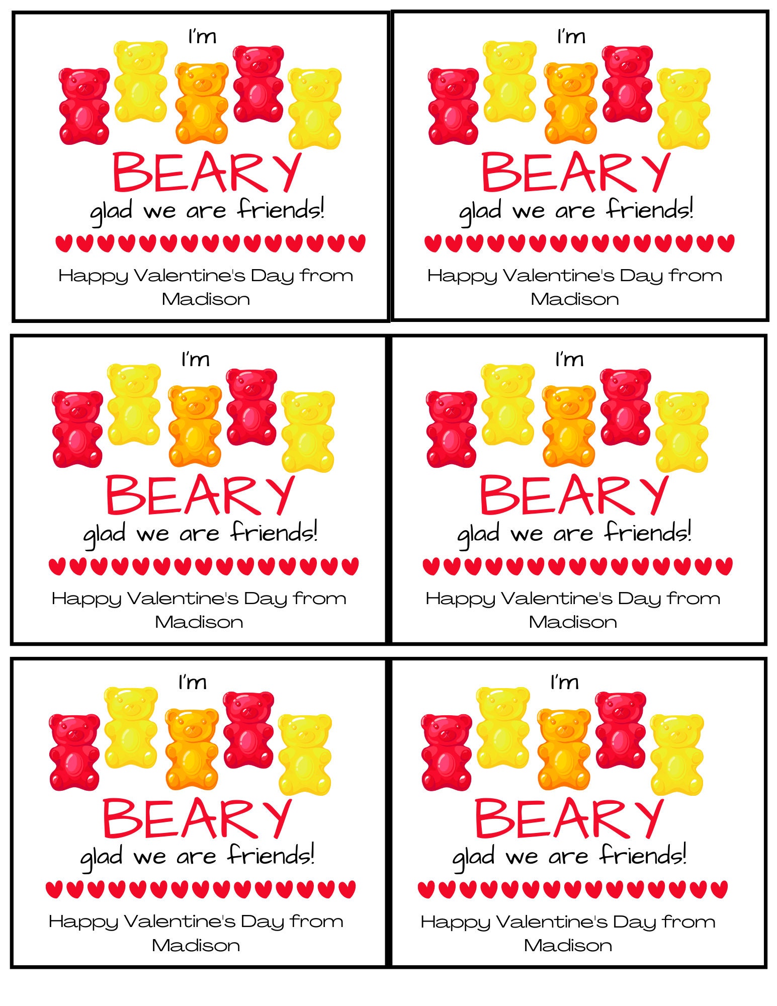 Gummy Bear Valentines Day Card, Kids Bear Valentines Day Cards, Treat ...