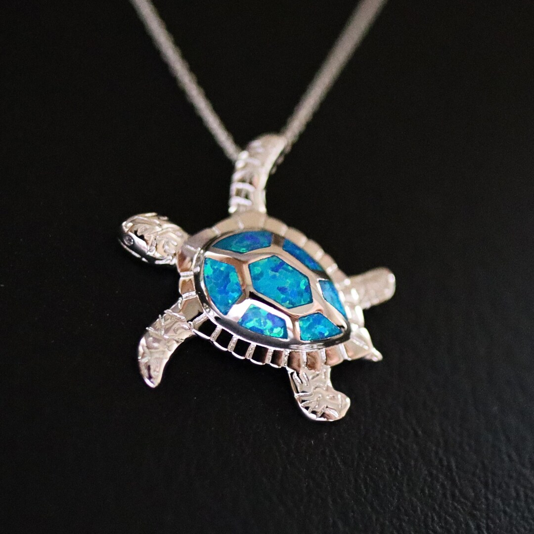 925 Sterling Silver Blue Opal Turtle Pendant Necklace, Opal Turtle ...