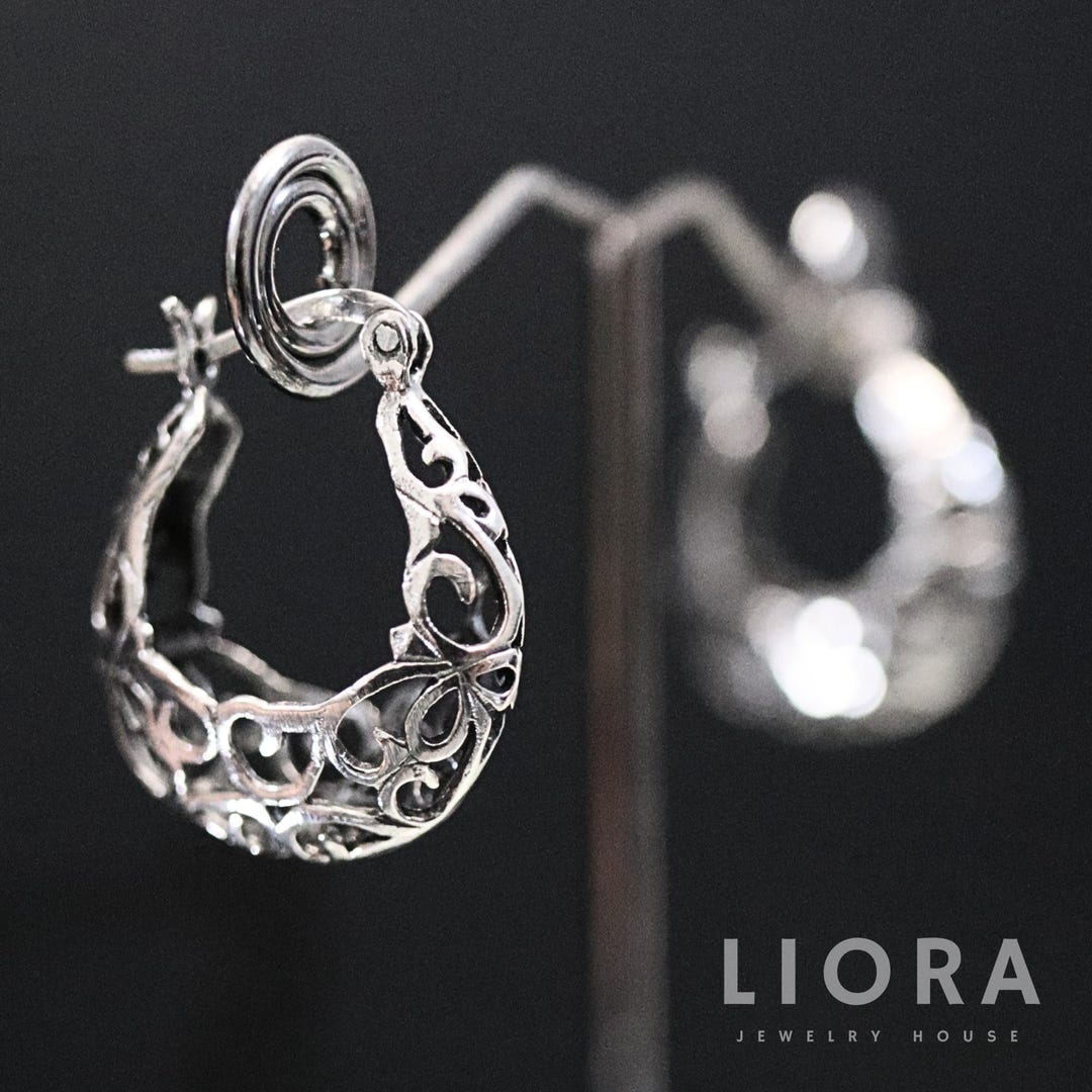 925 Sterling Silver Filigree Hoop Earrings, Floral Hoop Earrings ...