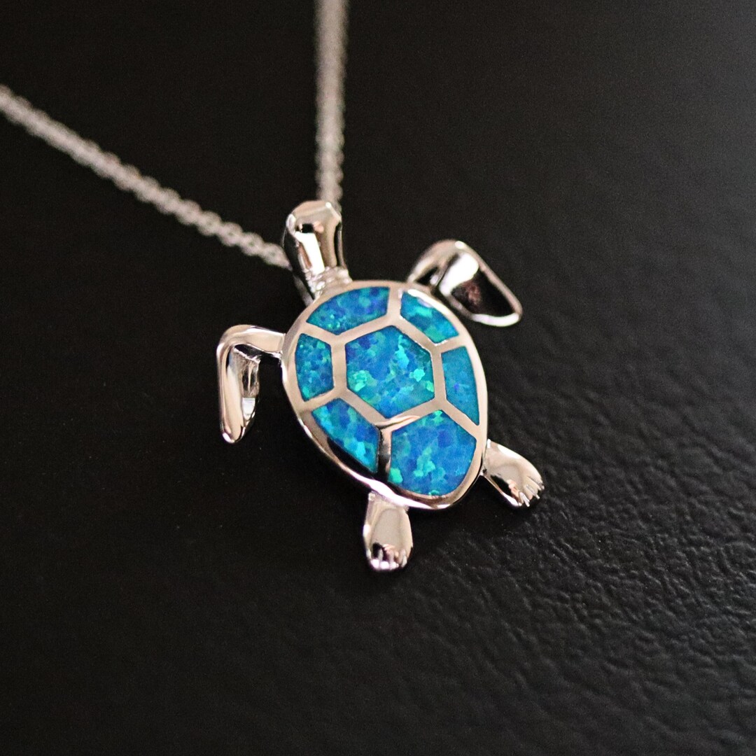 925 Sterling Silver Blue Opal Turtle Pendant Necklace, Turtle Pendant ...