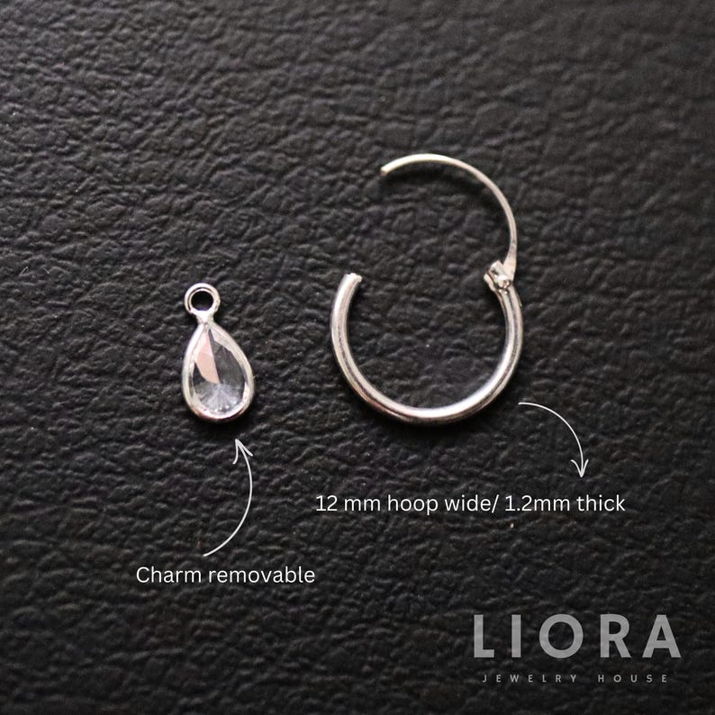 925 Sterling Silver 12mm Hoop With Crystal Charm Earrings, Hoop With ...