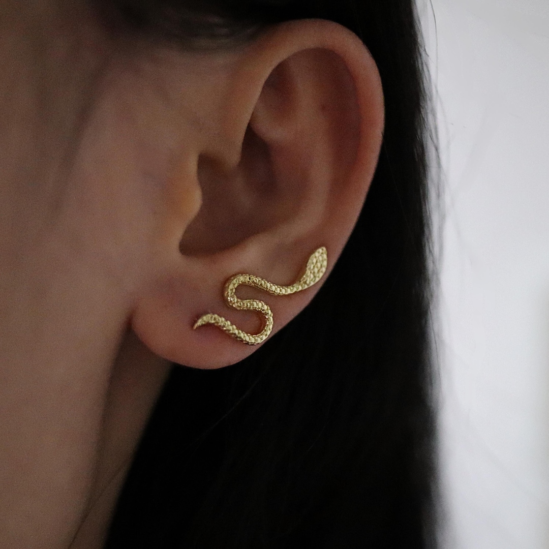 18K Gold Snake Ear Climbers, Snake Earrings, Snake Climbers, Ear ...