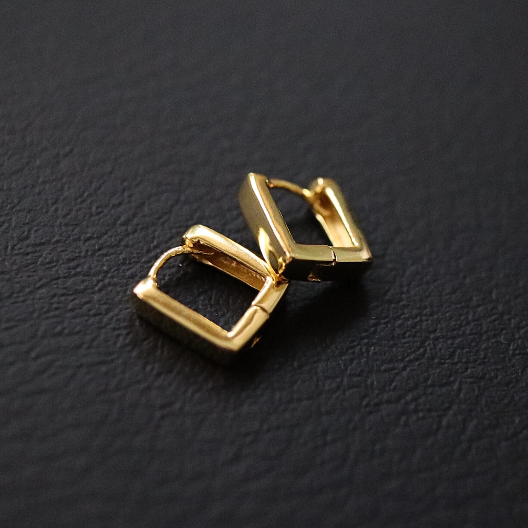 18K Gold Square Huggie Hoop Earrings, Geometric Square Hoops, Huggie Hoops, Chunky Hoops, Gold ...
