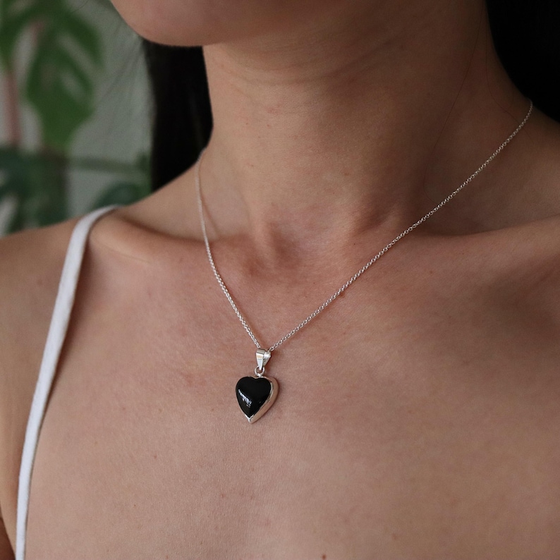 15mm Black Onyx Heart Pendant Necklace, 925 Silver Heart Pendant, Onyx ...