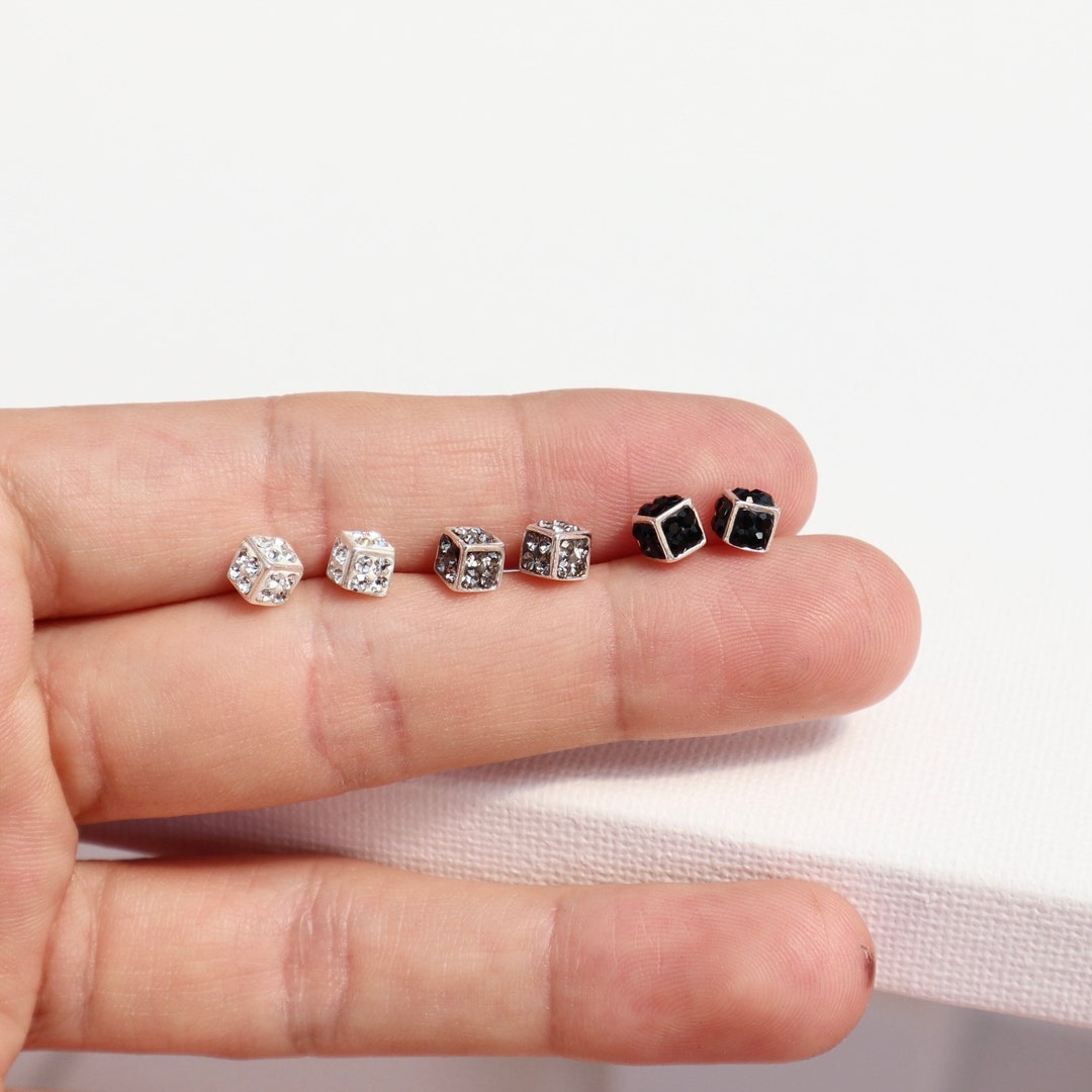 925 Sterling Silver Cube Stud Earrings Decorated With CZ Simulated ...