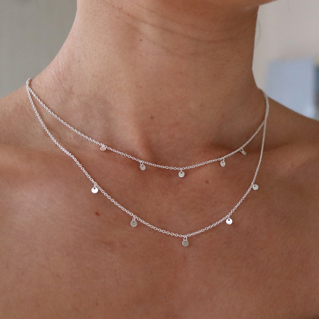 925 Sterling Silver Double Layered Silver Circle Charm Necklace, Double ...
