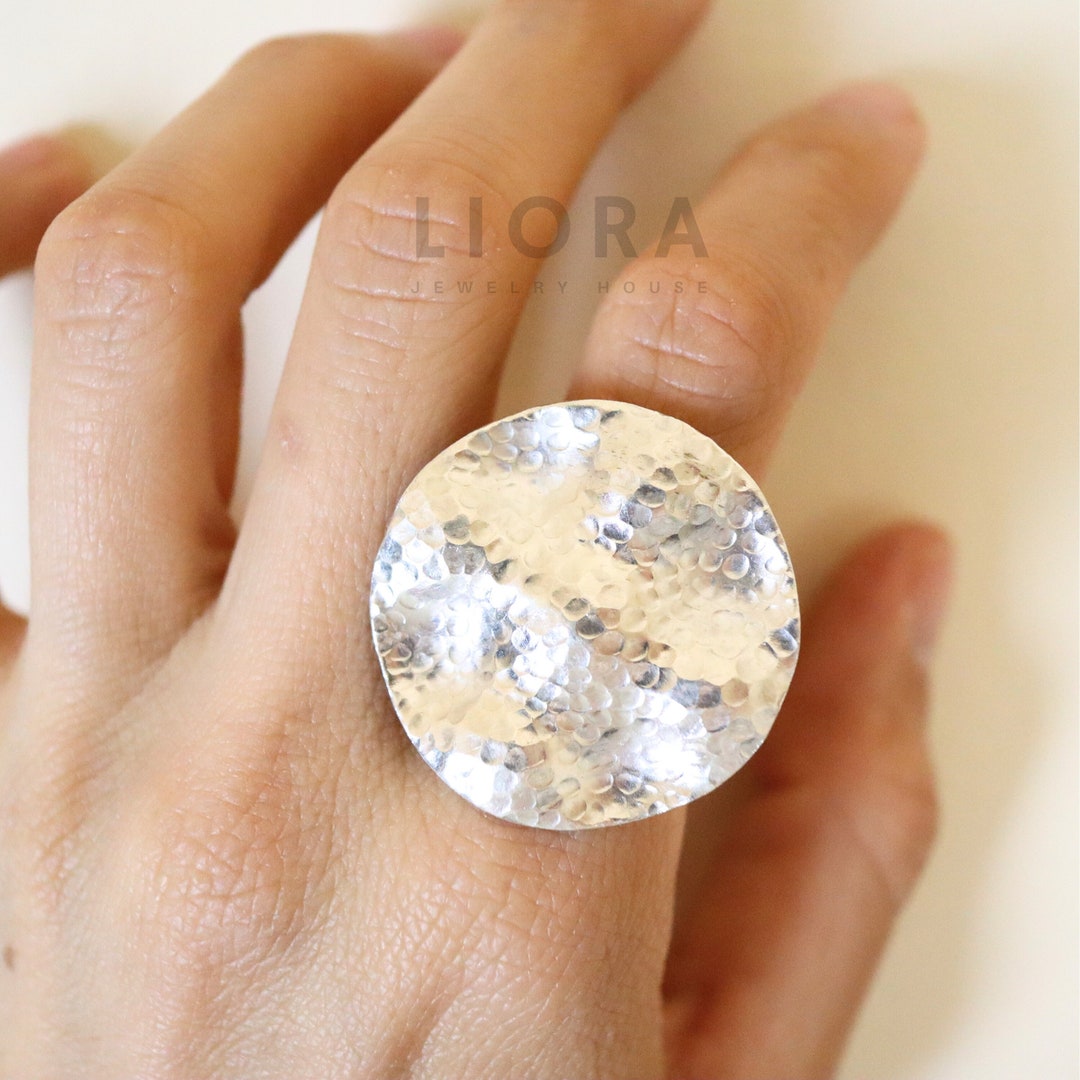 Handcraft Pure Silver Large Disc Ring, Silver Disc Ring, Hammered Ring ...