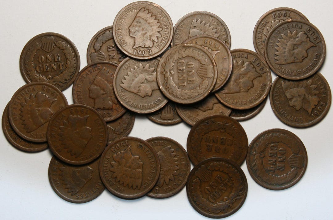 1903 Indian Cent Half Roll of 25 Coins, Full Rims, Full Dates as Shown ...