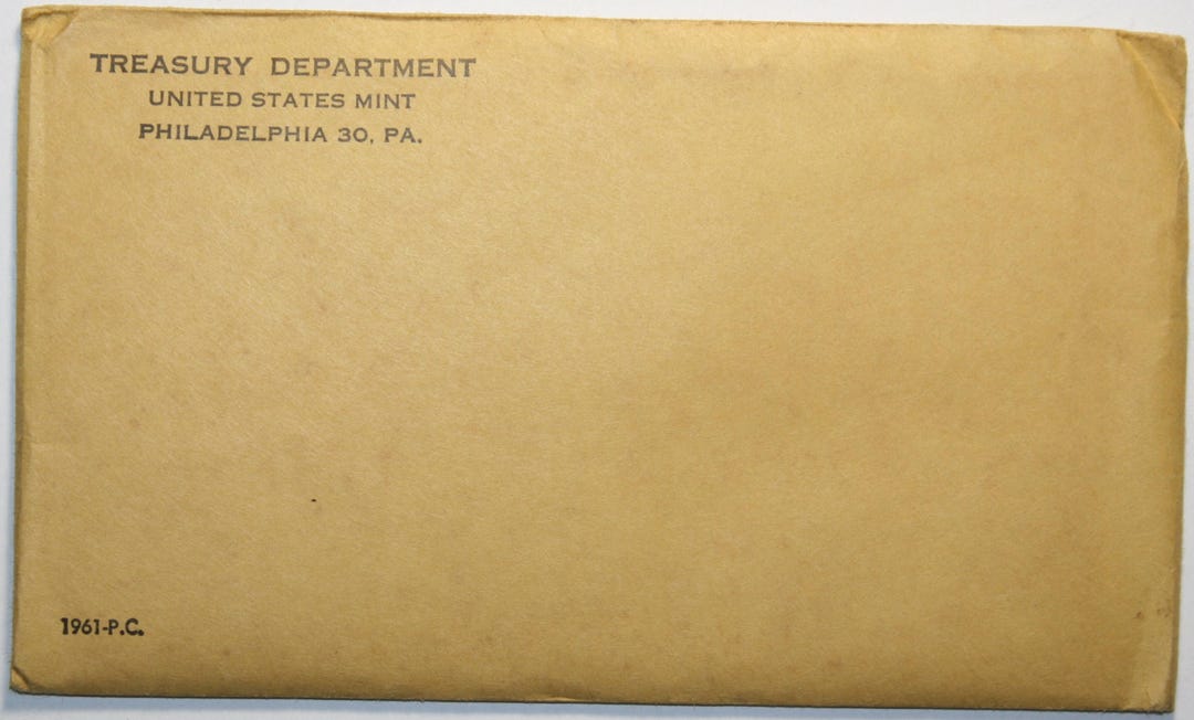 1961 US Proof Set, Unopened Envelope, Includes 90% Silver 50c, 25c, 10c ...