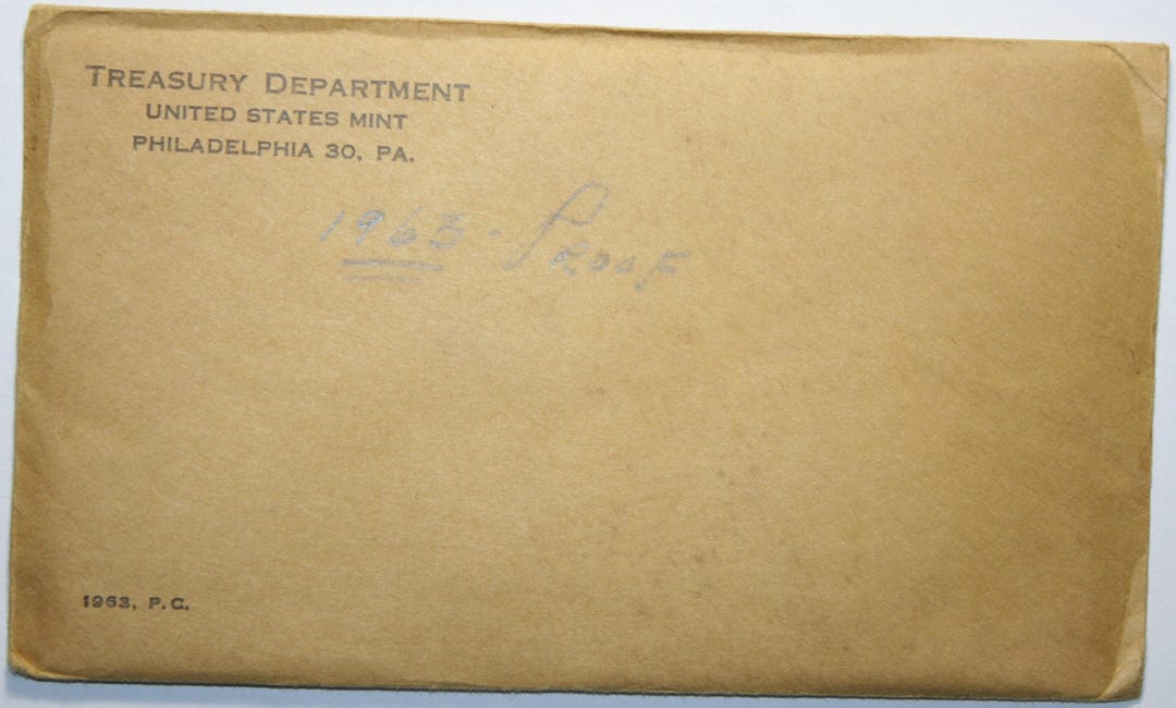 1963 US Proof Set, Unopened Envelope, Includes 90% Silver 50c, 25c, 10c ...
