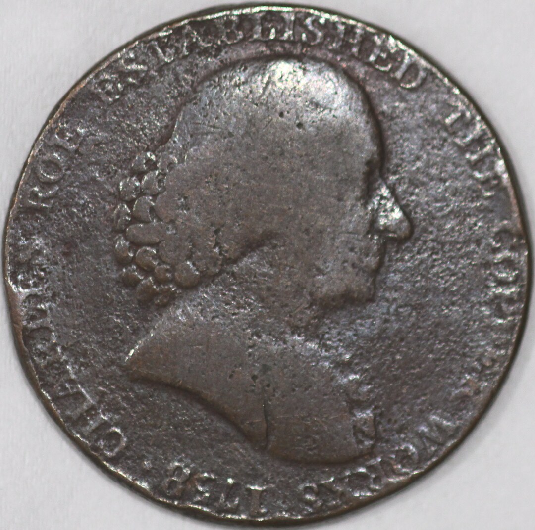 1790 Conder Half Penny: O) Charles Roe/ R) Female Holding Cog Wheel ...