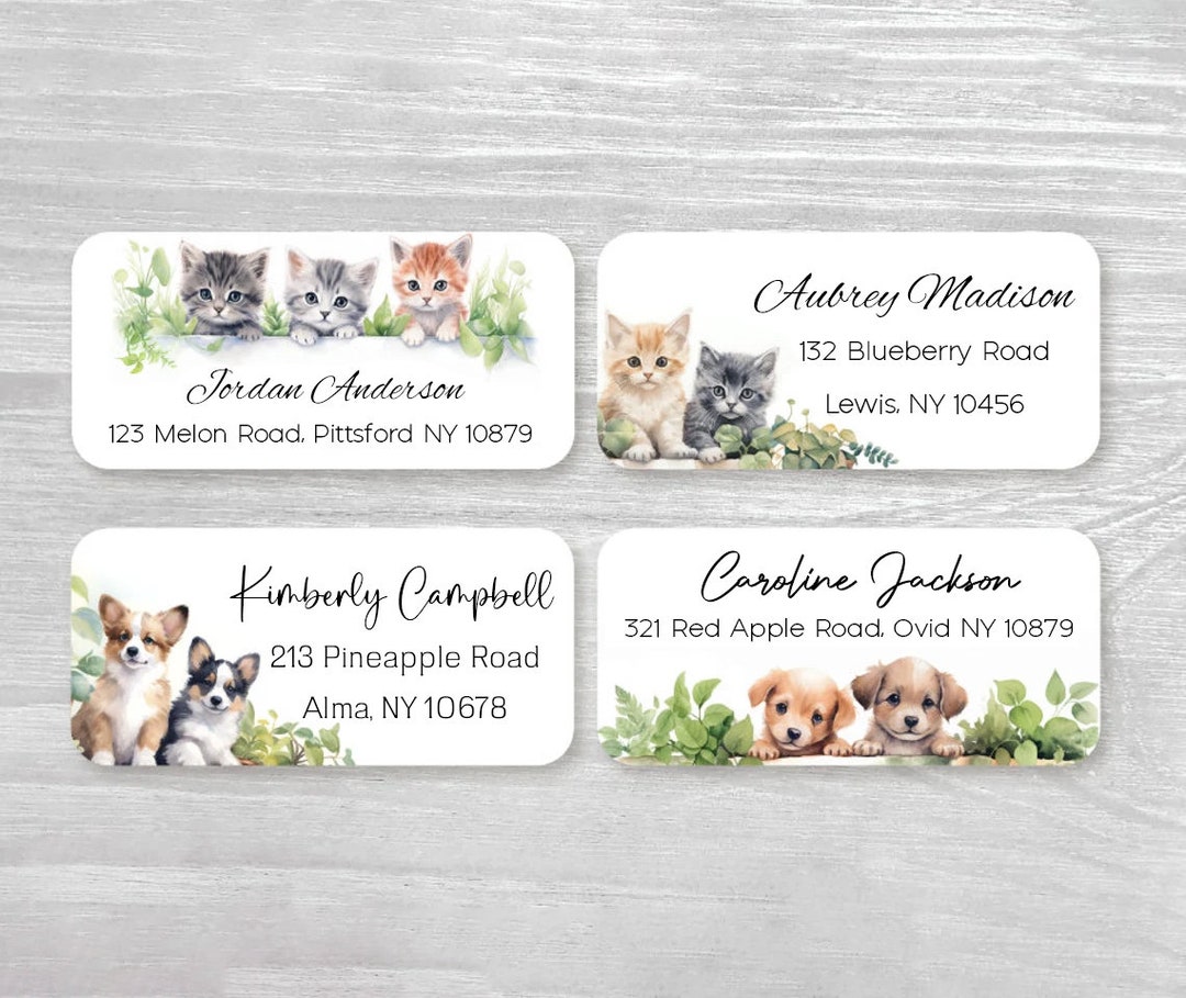 Set of 48 Personalized Cute Dogs Puppies Cats Kittens Greenery Return ...