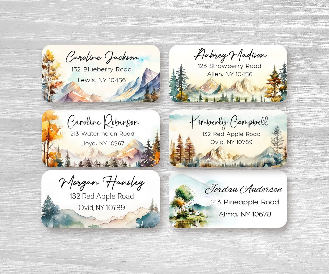 Set of 48 Personalized Watercolor Sunset Lanscape Trees Mountain Autumn ...