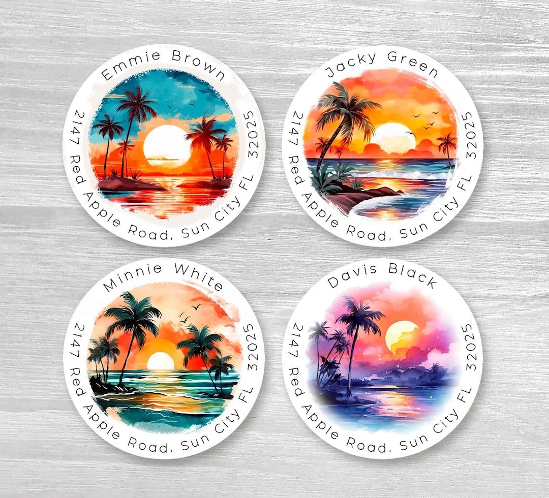 Personalized Round Watercolor Sunset Beach Ocean Tropical Landscape ...