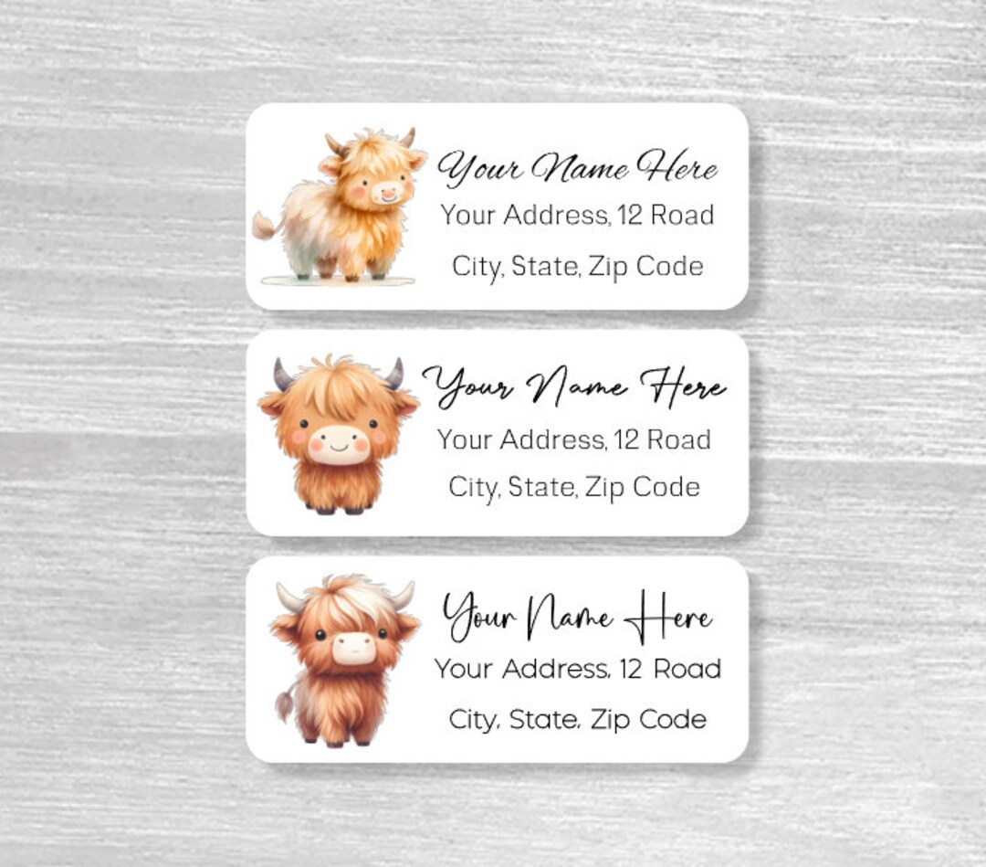Set of 48 Personalized Cute Highland Cow Return Address Labels ...