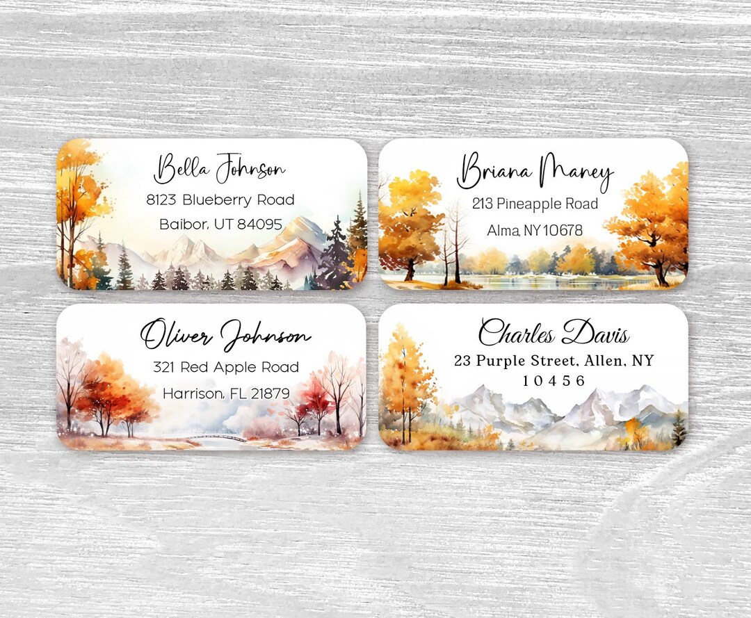 Set of 48 Personalized Watercolor Trees Mountain Lake Landscape Golden ...