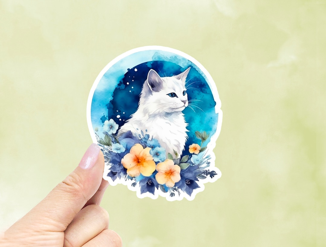 Cute Cat Kitten Moon Full Moon Wildflowers Watercolor Sticker, Water ...