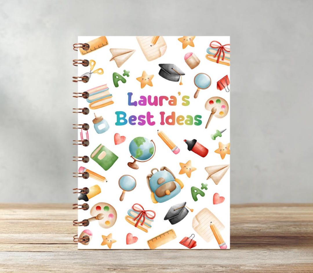 Cute School Theme Personalized Spiral Notebook, Custom Name Sketch Book ...