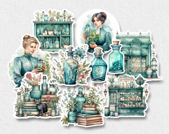 Aqua Herb Apothecary Stickers Set, Victorian Era Vintage Antique ...