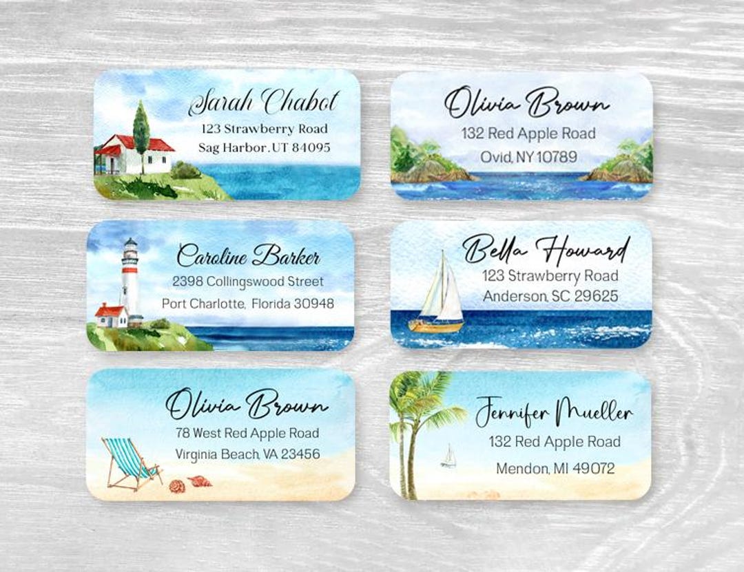 Set of 48 Personalized Watercolor Seascape Sea Light House Beach Tree ...