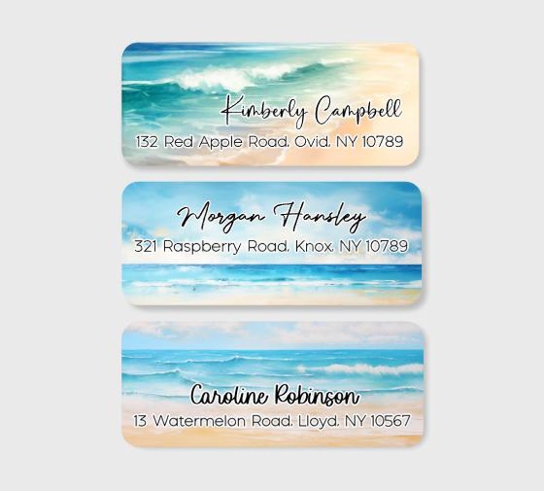 Set of 48 Personalized Labels, Beach Ocean Summer Tropical Aqua Wave ...