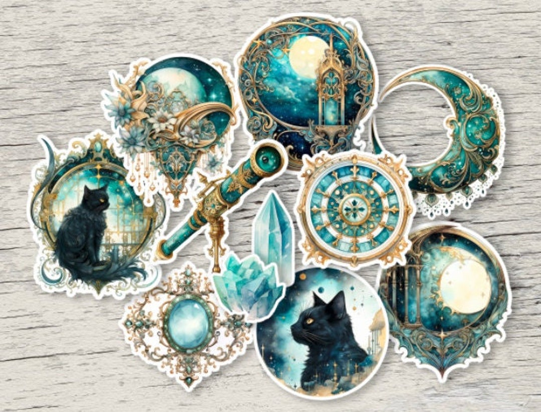 Celestial Stickers Set, Cosmic Moon Stars Crystal Antique Victorian Era ...