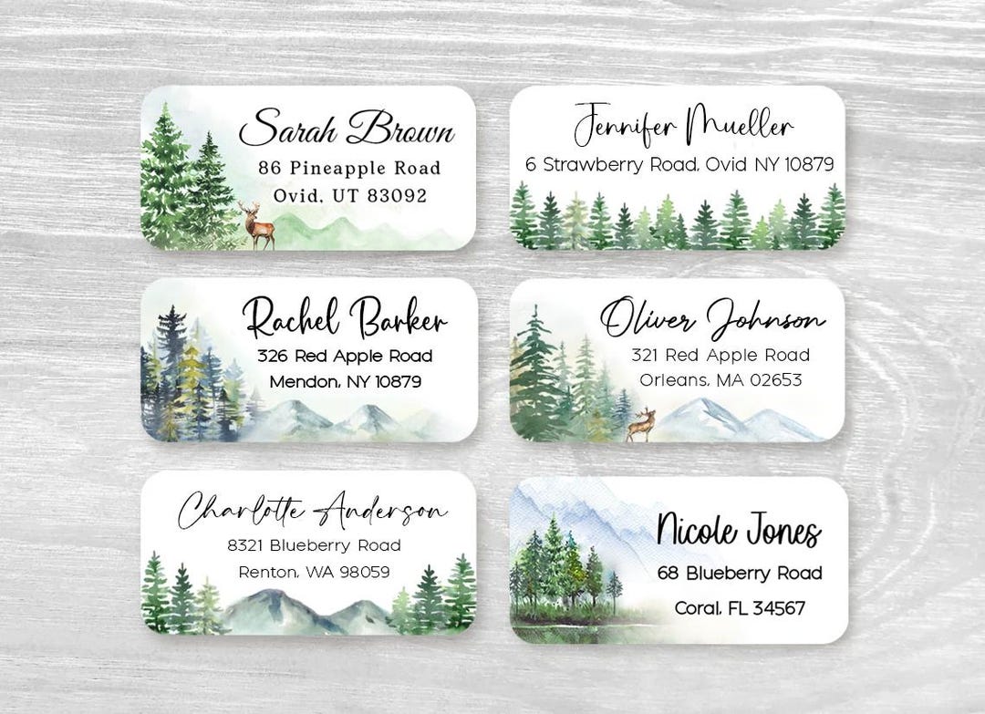 Set of 48 Personalized Watercolor Trees Mountain Woodland Deer ...