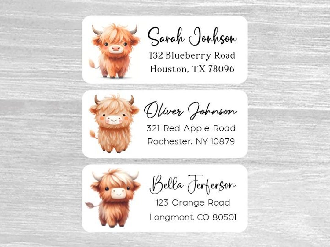 Set of 48 Personalized Cute Highland Cow Return Address Labels ...