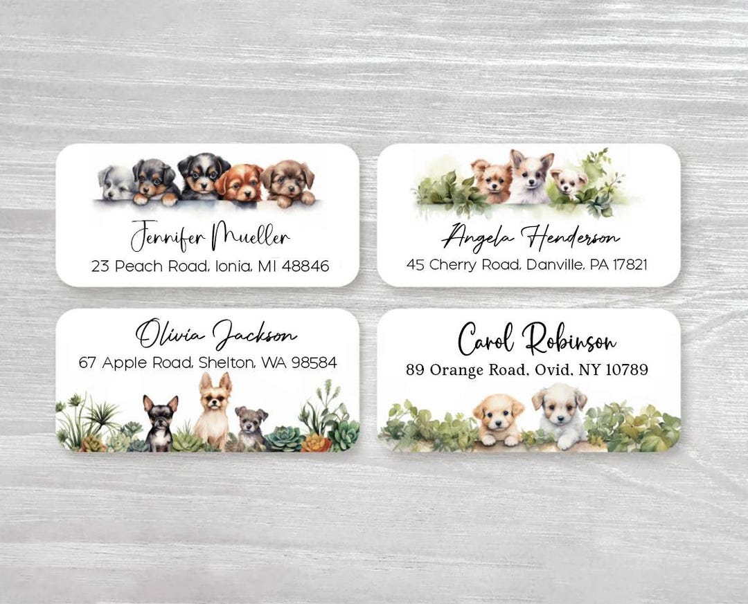 Set of 48 Personalized Cute Dogs Puppies Greenery Return Address Labels ...