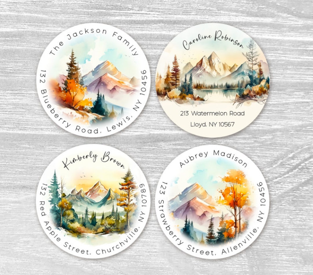 Personalized Round Watercolor Trees Mountain Woodland Landscape Wedding ...