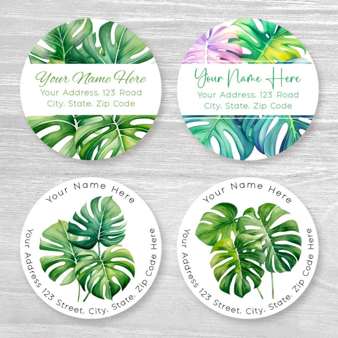 Personalized Round Tropical Leaves Monstera Palm Return Address Labels ...