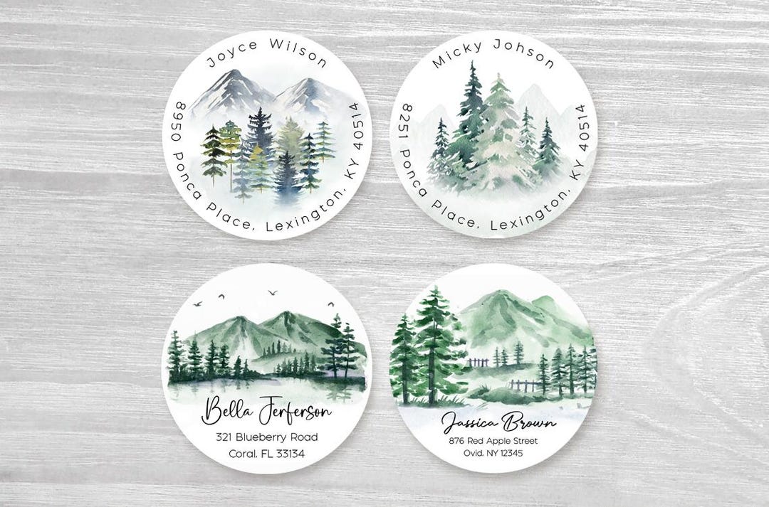 Personalized Round Watercolor Trees Mountain Woodland Greenery ...