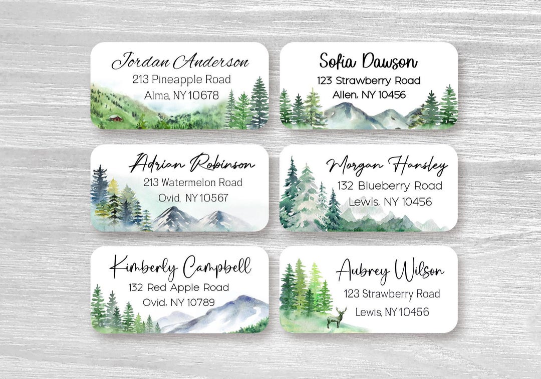 Set of 48 Personalized Trees Mountain Woodland Deer Landscape Spring ...
