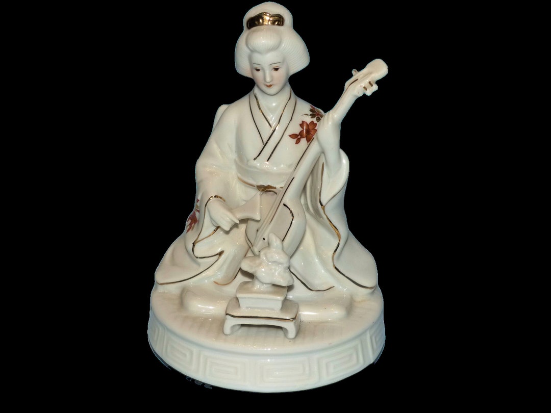 GEISHA MUSICAL FIGURINE 1970s Music Box, Glazed Ceramic, Gold and Red ...
