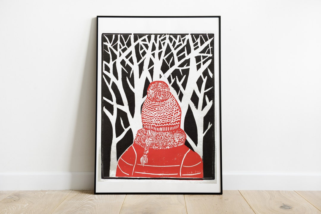 Little Red Chaperone Girl Back With Red Cap in a Forest Woodcut A FORET ...