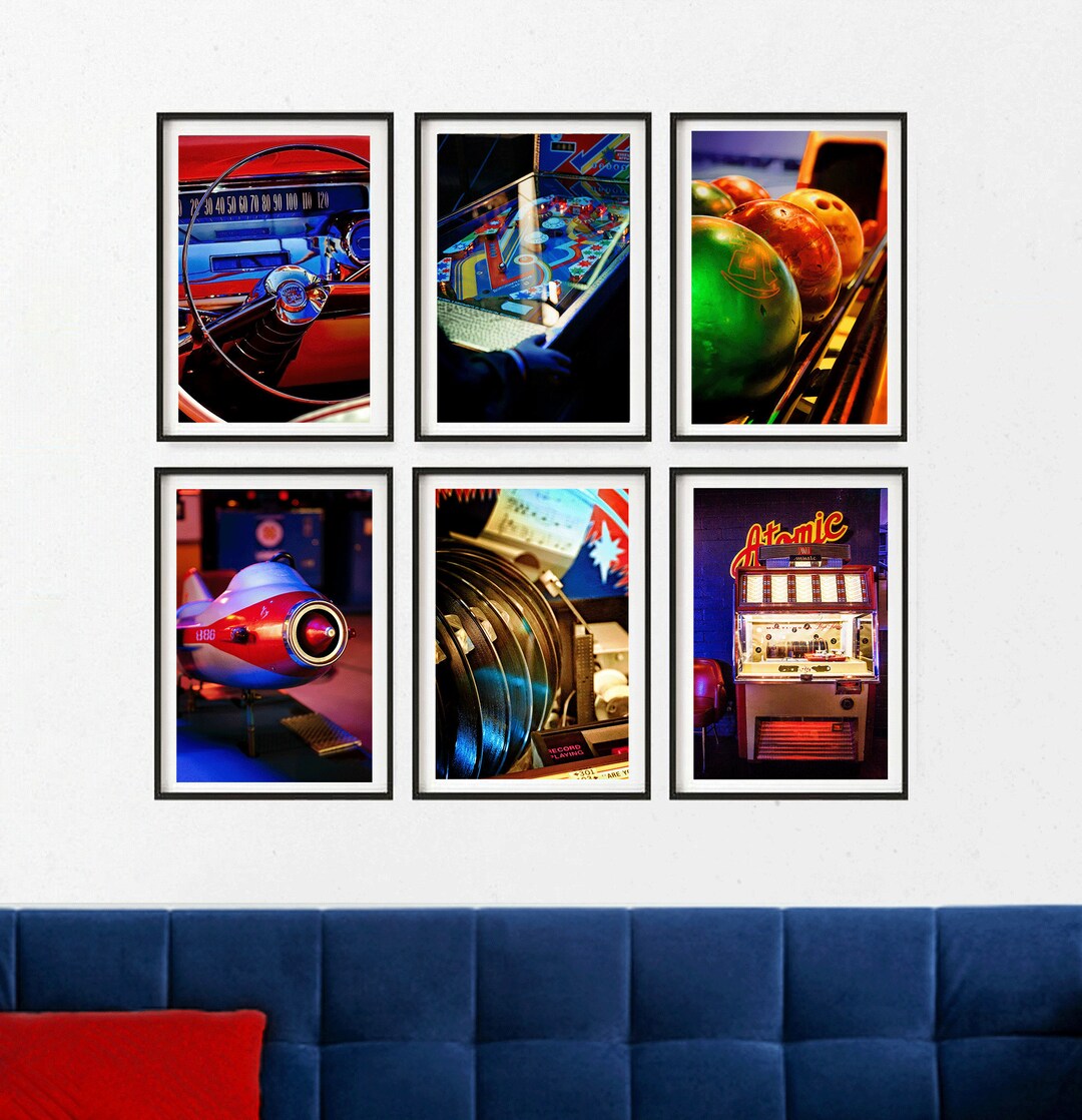 6 Retro Prints, Retro Games and Dinner, Jukebox, Bowling, Instant ...