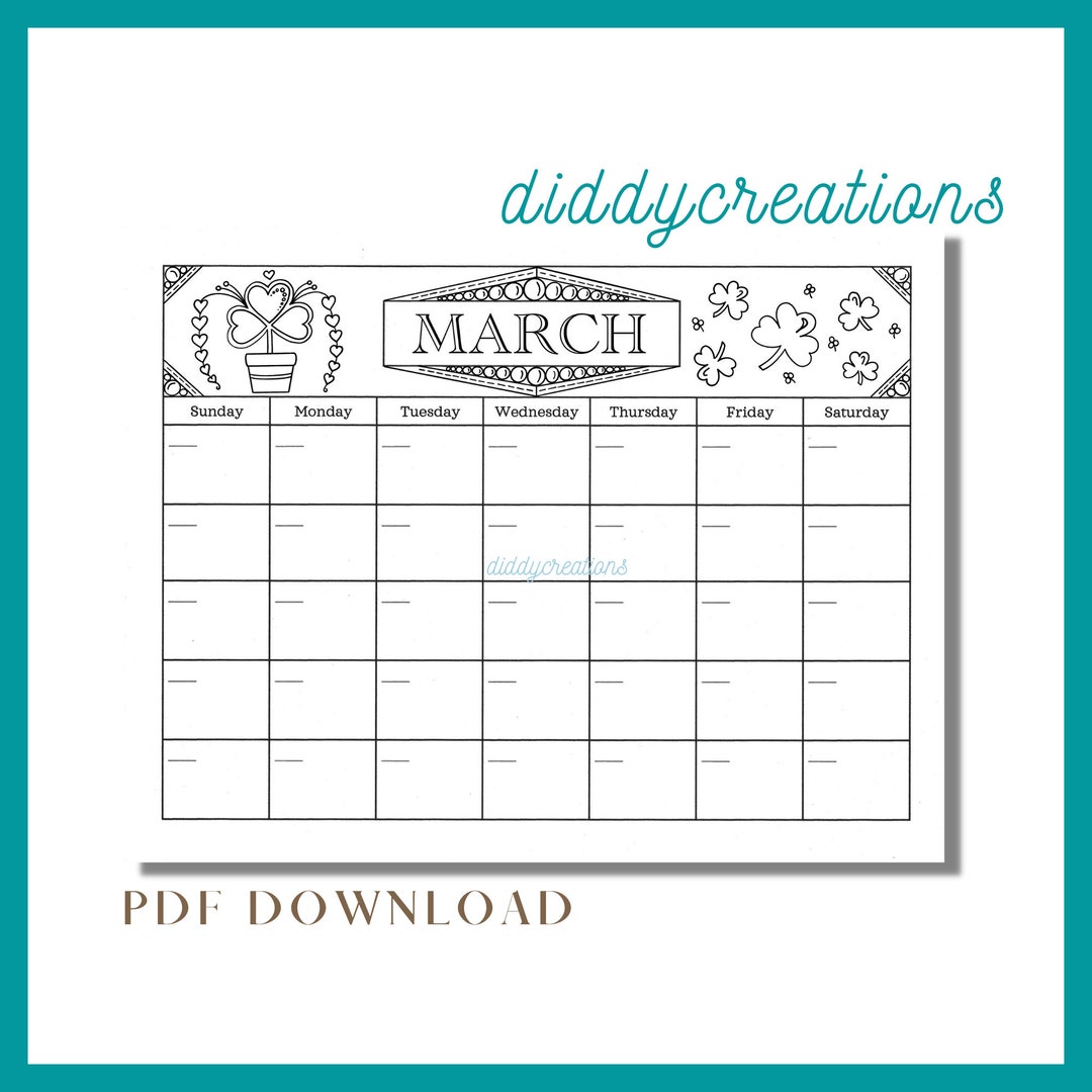 March Monthly Calendar Page Coloring Page PDF Digital Download ...