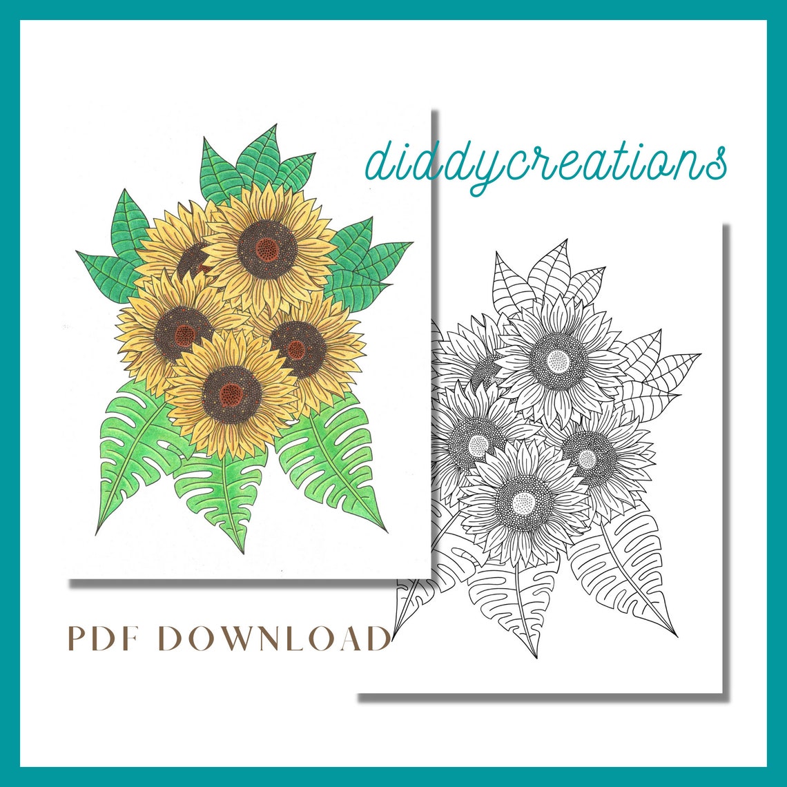 Sunflowers Coloring Page Printable Adult Coloring Page Digital Download ...