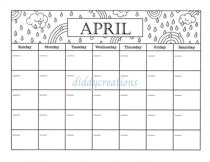April Monthly Calendar Page Coloring Page PDF Digital Download ...