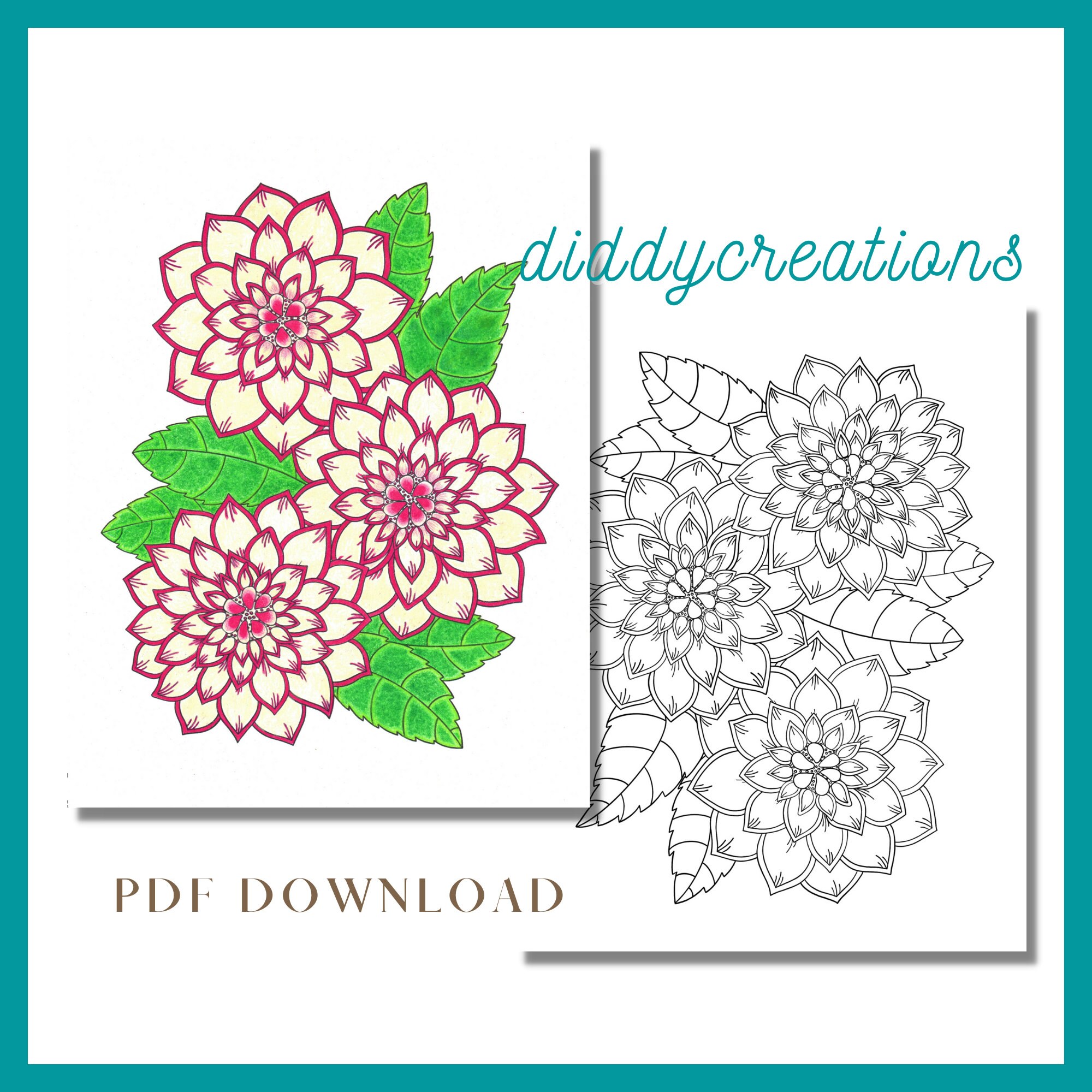Dahlias Coloring Page Flowers Printable Adult Coloring Page Digital ...
