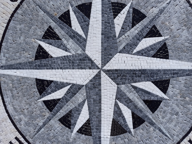 Compass Rose Mosaic Tile | Handmade Nautical Mosaic Art for Coastal ...