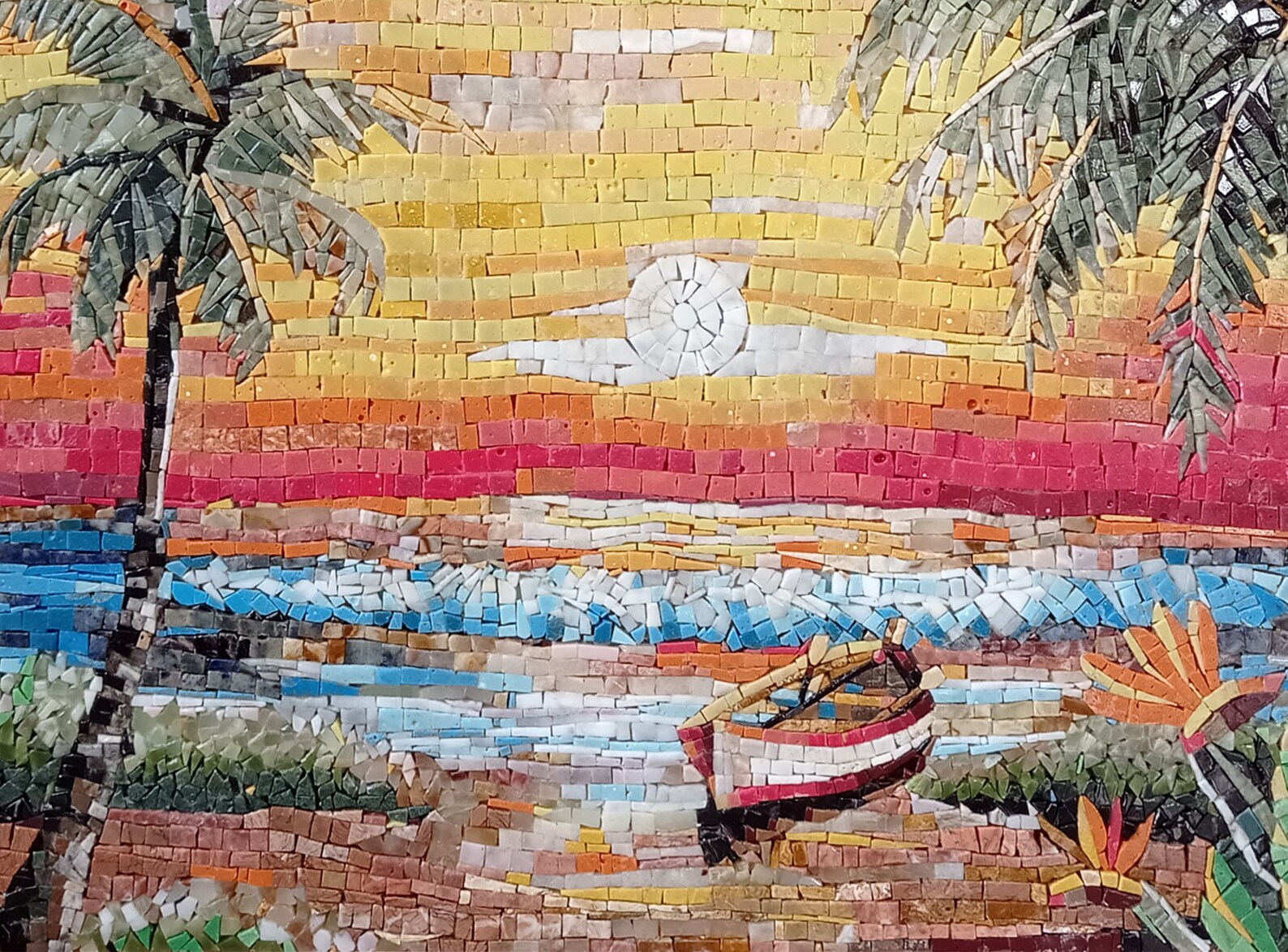 Handmade Sunset Mosaic Tile: Palm Trees & Boat Beach Scene - Etsy