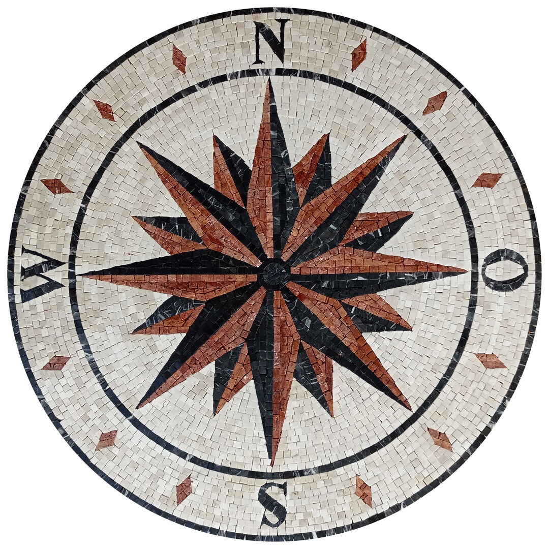 Artisanal Tranquility: Handmade Compass & Pool Tile Medallion Marble ...