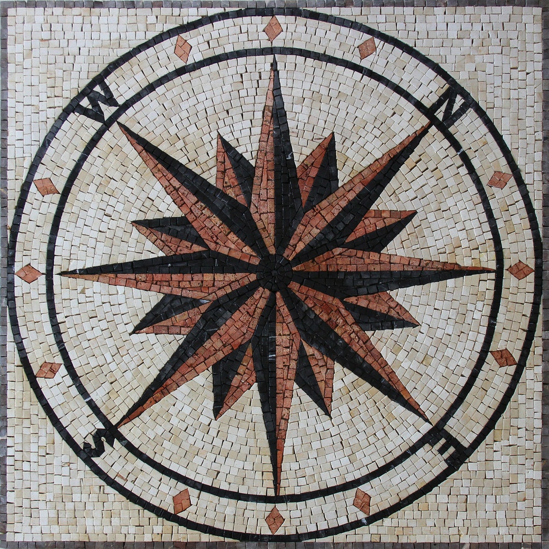 36” Nautical Compass Mosaic Tile: Rose Backsplash, Indoor/outdoor - Etsy
