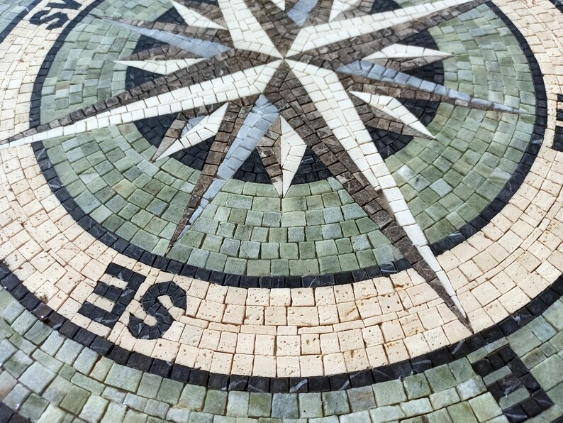 48" Handmade Nautical Compass Mosaic Tile – Marble Medallion for Floor ...