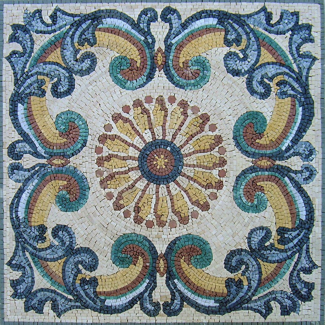 40” MEDALLION MOSAIC TILES | Mosaic Square Shape Floral Pattern Tiles ...